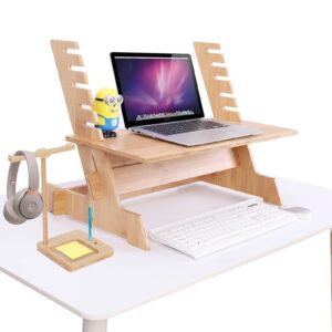 Wisfor Bamboo Standing Monitor Stand Desk Convertor Riser for Monitor Adjustable Height Standup Desk Top Laptop Workstation with Phone Headset Holder