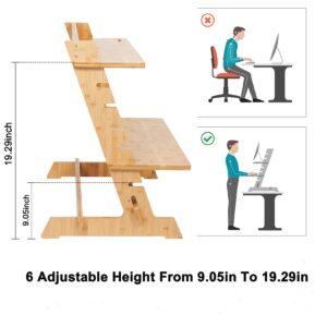 Wisfor Bamboo Standing Monitor Stand Desk Convertor Riser for Monitor Adjustable Height Standup Desk Top Laptop Workstation with Phone Headset Holder