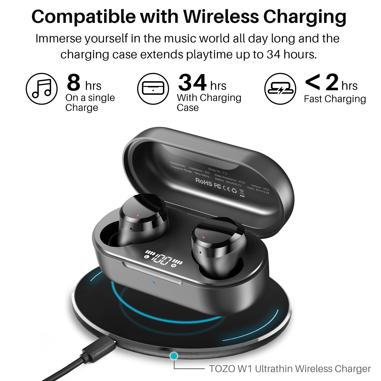 TOZO T12 (Large Ergonomic Edition) Wireless Earbuds Bluetooth 5.3 Headphones Premium Sound Performance Touch Control LED Digital Display Wireless Charging Case Earphones