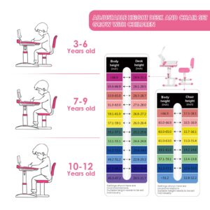 Artist hand Kids Study Table and Chair Set,Adjustable Girls School Writing Study Table,with Large Writing Board LED Pull Out Drawer Pencil Case Bookstand,Pink