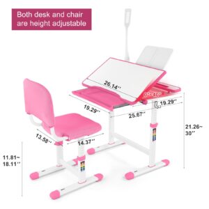 Artist hand Kids Study Table and Chair Set,Adjustable Girls School Writing Study Table,with Large Writing Board LED Pull Out Drawer Pencil Case Bookstand,Pink