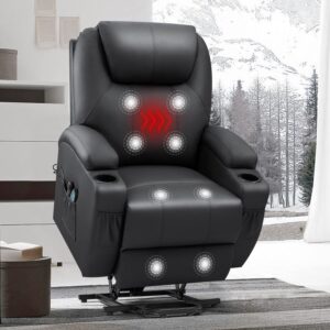 victone electric power lift recliner chair for elderly reclining sofa for living room with massage and heat, side pockets and cup holders (leather, black)