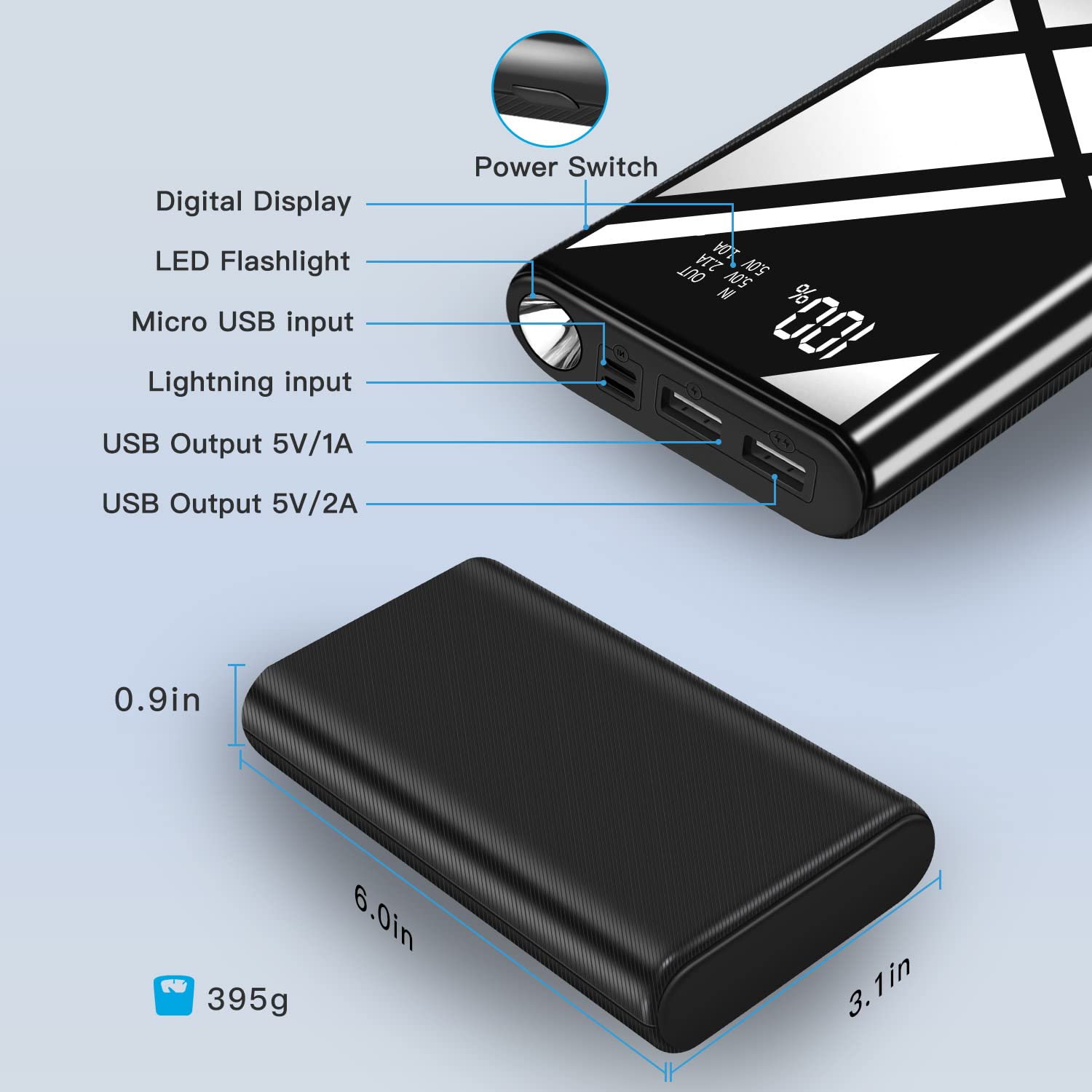 MOSILA 36800 mAh Portable Charger Power Bank, LCD Display Phone Charger Huge Capacity, Battery Pack with Flashlight, 2 USB Output Ports, Compatible Smart Phone Tablet and Other Devices (Black)