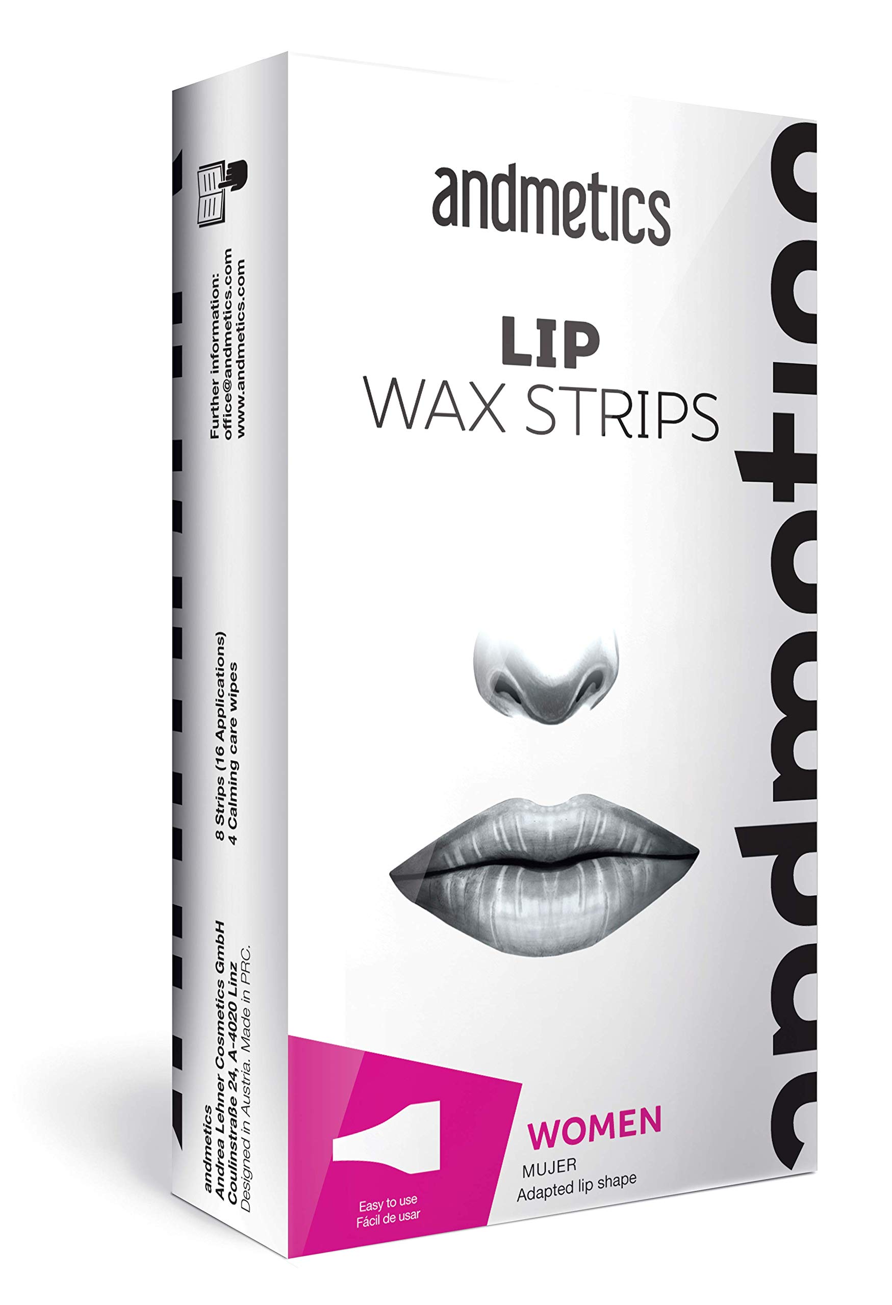 VEGAN Andmetics LIP Wax Strips for Women - Facial Hair Removal with Aloe Vera for the Upper Lip - Easy to Use - All Skin Types - Adapted Lip Shape - 8 Strips (16 Applications) + 4 Calming Wipes