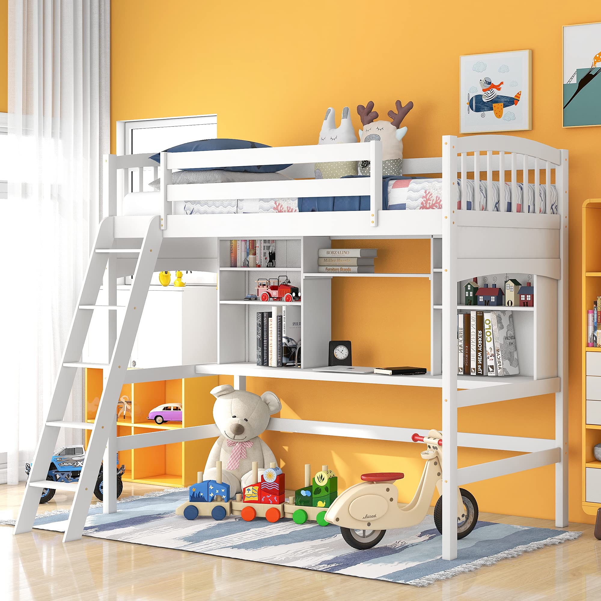 Harper & Bright Designs Twin Loft Bed with Desk for Kids, Wood Bunk Beds with Desk, No Box Spring Needed (White Loft Bed with Desk)