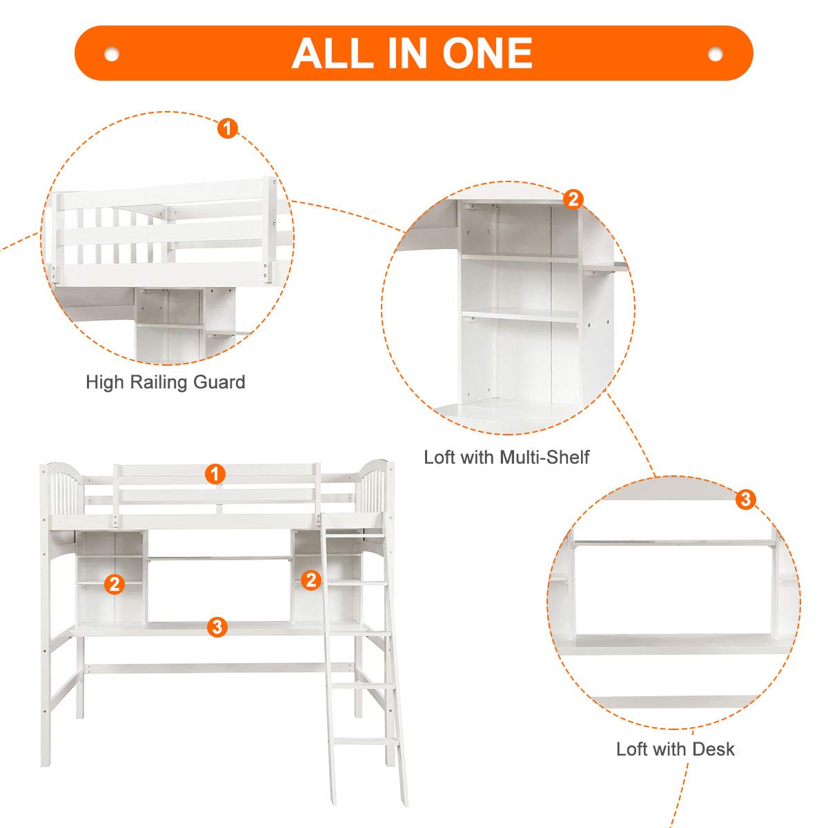 Harper & Bright Designs Twin Loft Bed with Desk for Kids, Wood Bunk Beds with Desk, No Box Spring Needed (White Loft Bed with Desk)