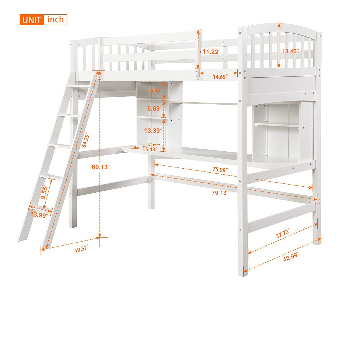 Harper & Bright Designs Twin Loft Bed with Desk for Kids, Wood Bunk Beds with Desk, No Box Spring Needed (White Loft Bed with Desk)