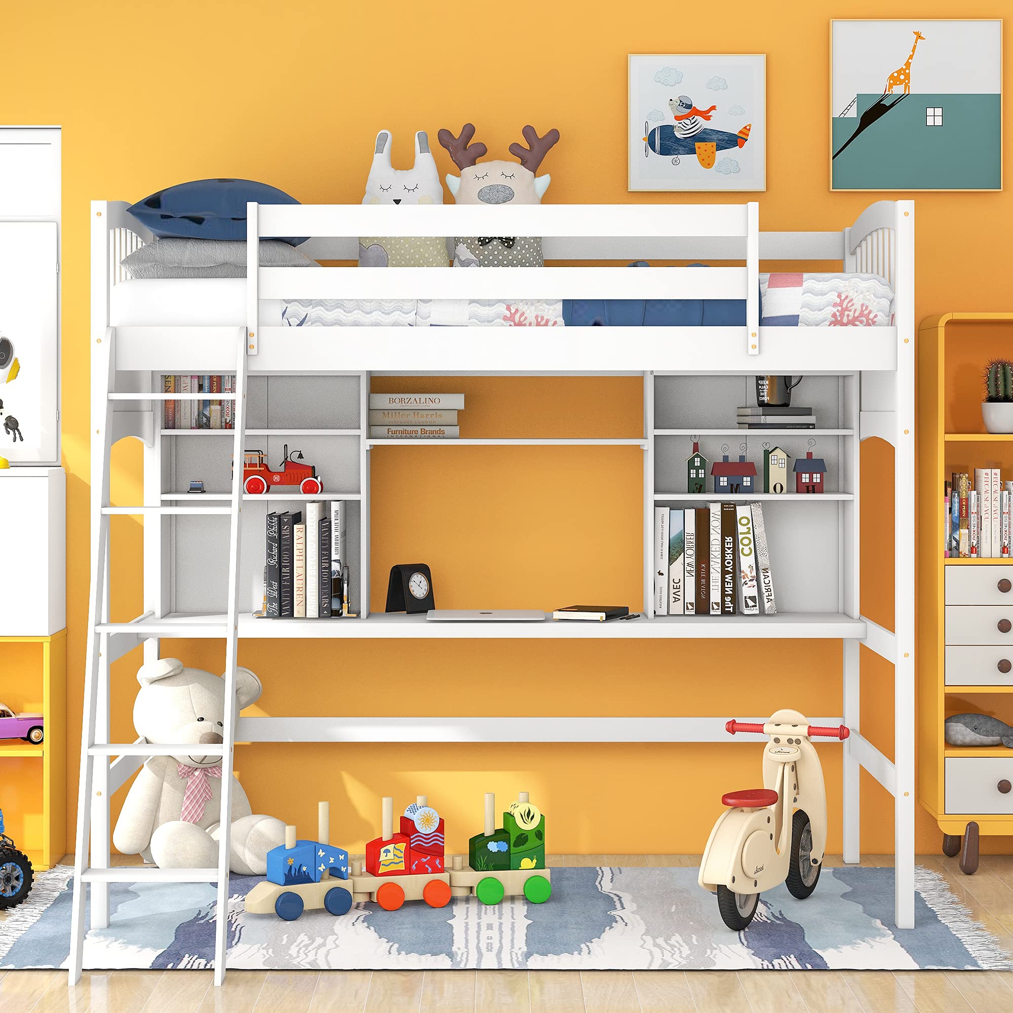 Harper & Bright Designs Twin Loft Bed with Desk for Kids, Wood Bunk Beds with Desk, No Box Spring Needed (White Loft Bed with Desk)