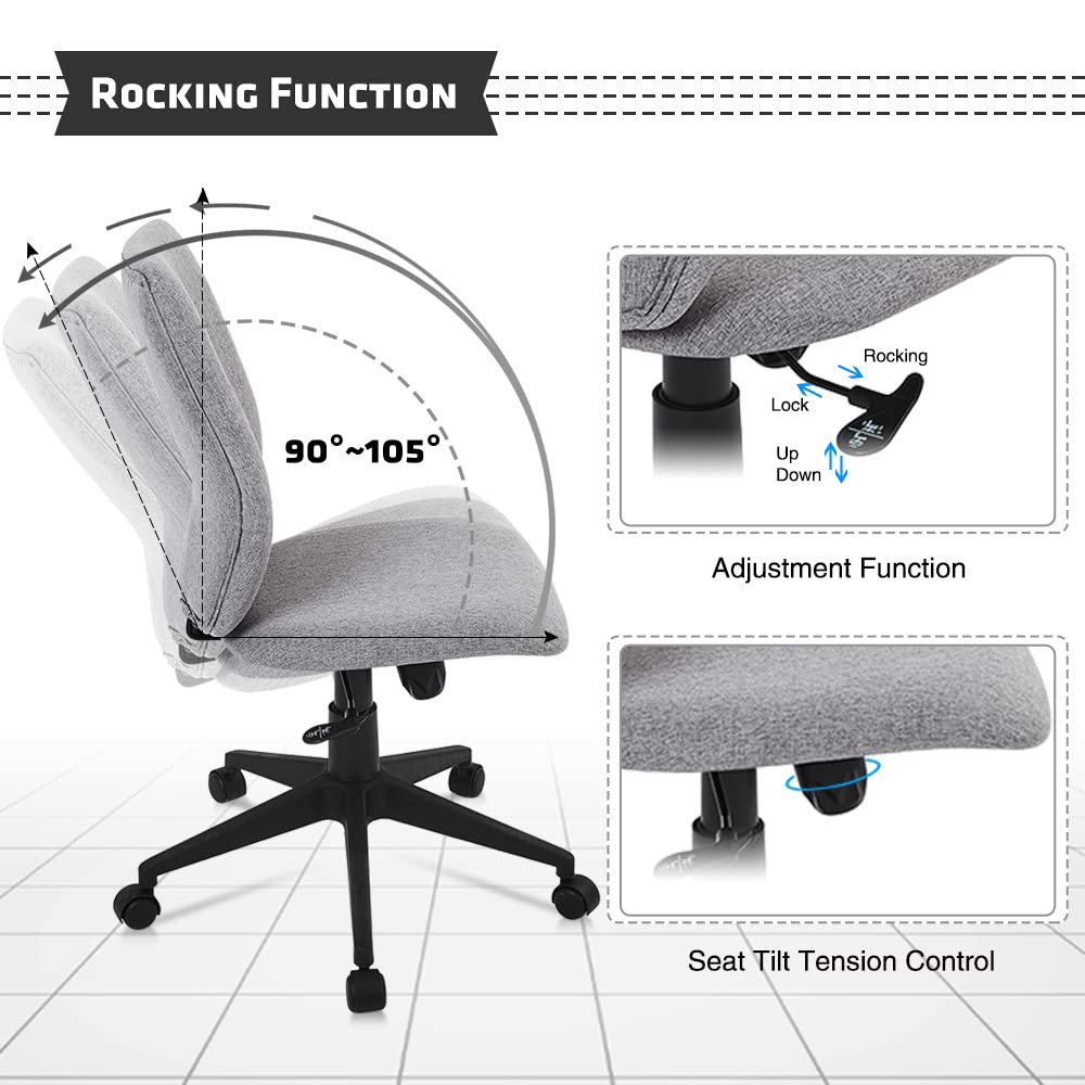 BOWTHY Armless Office Chair - Home Office Chair, Rolling Chair, Desk Chairs with Wheels No Arms, Fabric Task Chair, Swivel Chair for Desk, Sewing Chair(Gray)