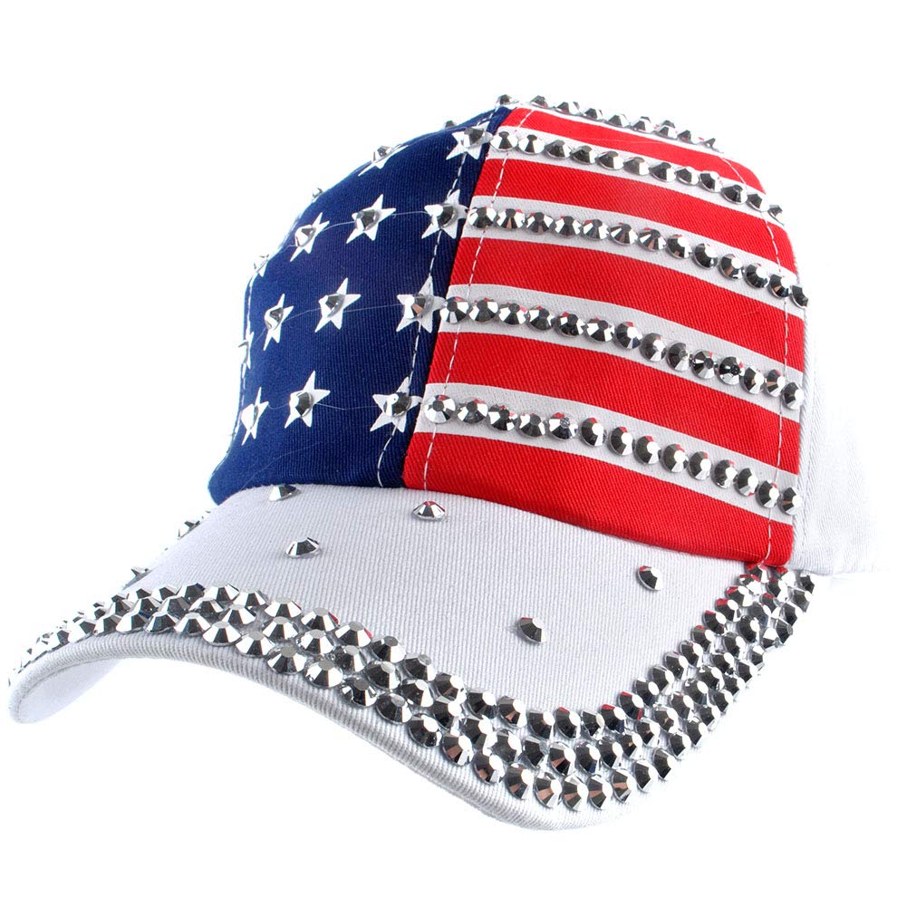 Elonmo Bling Rhinestone Hats, USA Flag Design Womens Baseball Cap Golf Hat Jeans Wash Denim Adjustable (White)