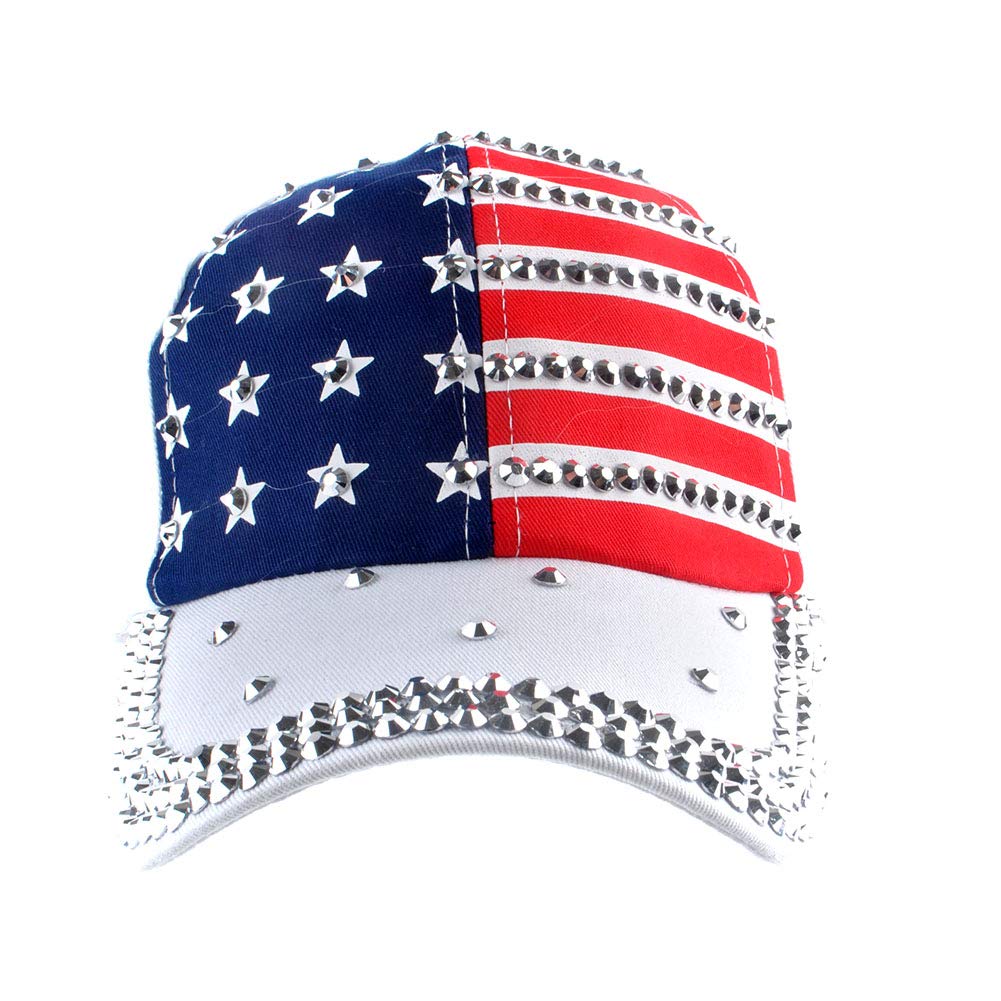 Elonmo Bling Rhinestone Hats, USA Flag Design Womens Baseball Cap Golf Hat Jeans Wash Denim Adjustable (White)