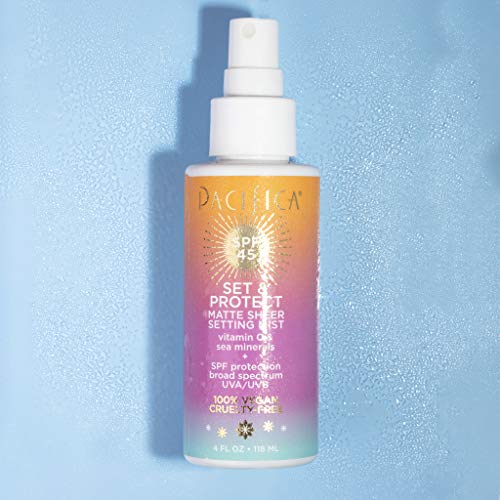 Pacifica Beauty, Set & Protect Matte Sheer Setting Mist SPF 45, Face Sunscreen, UVA/UVB Protection, Broad Spectrum, Sets Makeup, Oil Control, 4 Fl Oz, Vegan + Cruelty Free