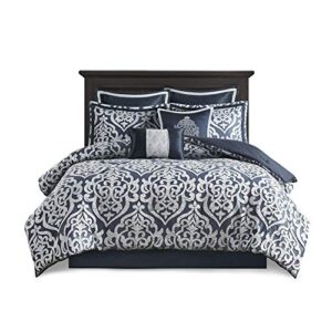 Madison Park Odette Cozy Comforter Set Jacquard Damask Medallion Design - Modern All Season, Down Alternative Bedding, Shams, Decorative Pillows, King(104 in x 92 in), Navy 8 Piece