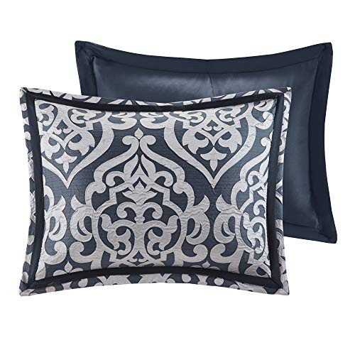 Madison Park Odette Cozy Comforter Set Jacquard Damask Medallion Design - Modern All Season, Down Alternative Bedding, Shams, Decorative Pillows, King(104 in x 92 in), Navy 8 Piece