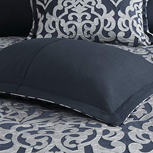 Madison Park Odette Cozy Comforter Set Jacquard Damask Medallion Design - Modern All Season, Down Alternative Bedding, Shams, Decorative Pillows, King(104 in x 92 in), Navy 8 Piece