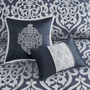 Madison Park Odette Cozy Comforter Set Jacquard Damask Medallion Design - Modern All Season, Down Alternative Bedding, Shams, Decorative Pillows, King(104 in x 92 in), Navy 8 Piece