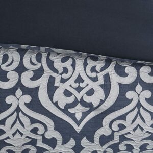 Madison Park Odette Cozy Comforter Set Jacquard Damask Medallion Design - Modern All Season, Down Alternative Bedding, Shams, Decorative Pillows, King(104 in x 92 in), Navy 8 Piece