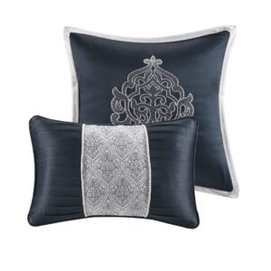 Madison Park Odette Cozy Comforter Set Jacquard Damask Medallion Design - Modern All Season, Down Alternative Bedding, Shams, Decorative Pillows, King(104 in x 92 in), Navy 8 Piece