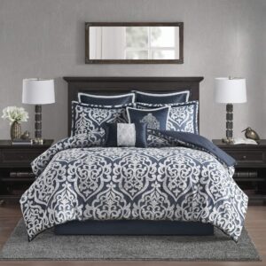 Madison Park Odette Cozy Comforter Set Jacquard Damask Medallion Design - Modern All Season, Down Alternative Bedding, Shams, Decorative Pillows, King(104 in x 92 in), Navy 8 Piece