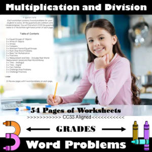 54 page word problems with a focus on multiplication and division: grades 3 & 4