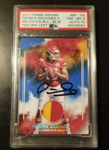 patrick mahomes 2017 panini origins blue jersey relic rc psa 8 auto 10 1/1 mvp - football autographed game used cards