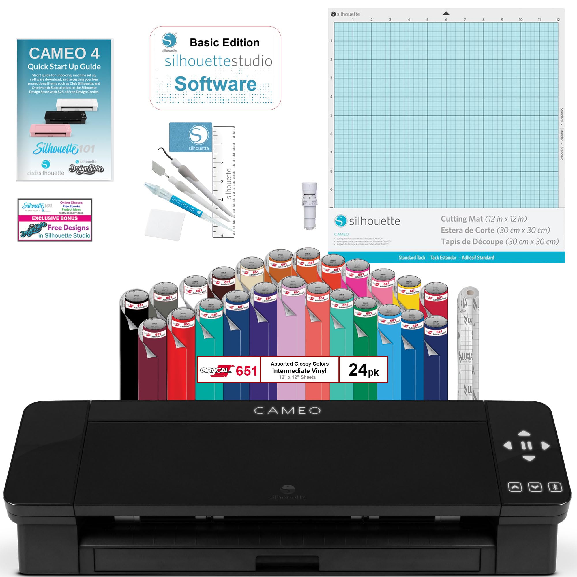 Silhouette Cameo 4 Vinyl Bundle- 24 Sheets of Vinyl, Vinyl Tool Kit and Cameo 4 Start Up Guide with Bonus Designs