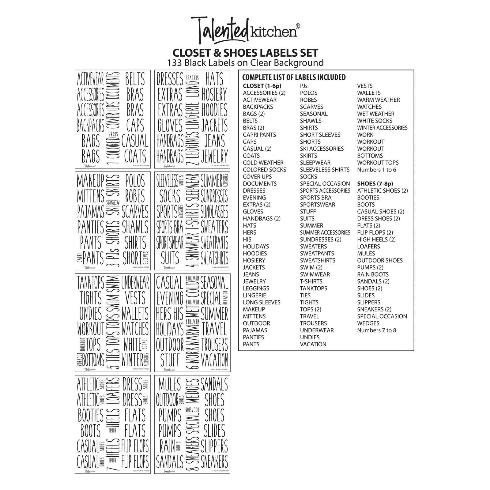 Talented Kitchen 133 Closet Labels for Bins and Baskets, Preprinted Water Resistant Stickers for Organizing Clothing and Storage Containers (All Caps)