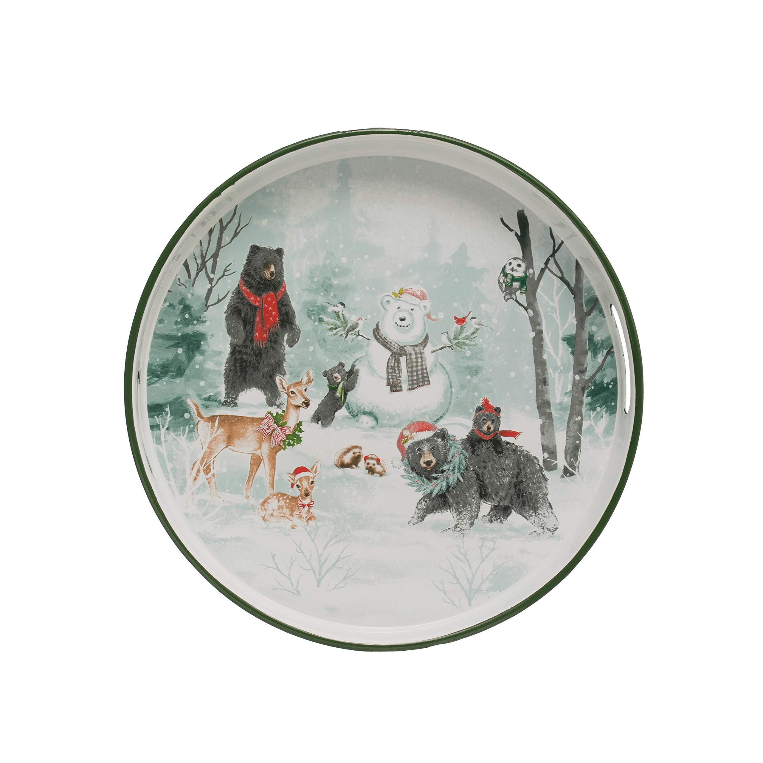 Creative Co-Op 15" Round Enameled Metal Serving Snowman Scene & Cutout Handles Tray, Multicolor