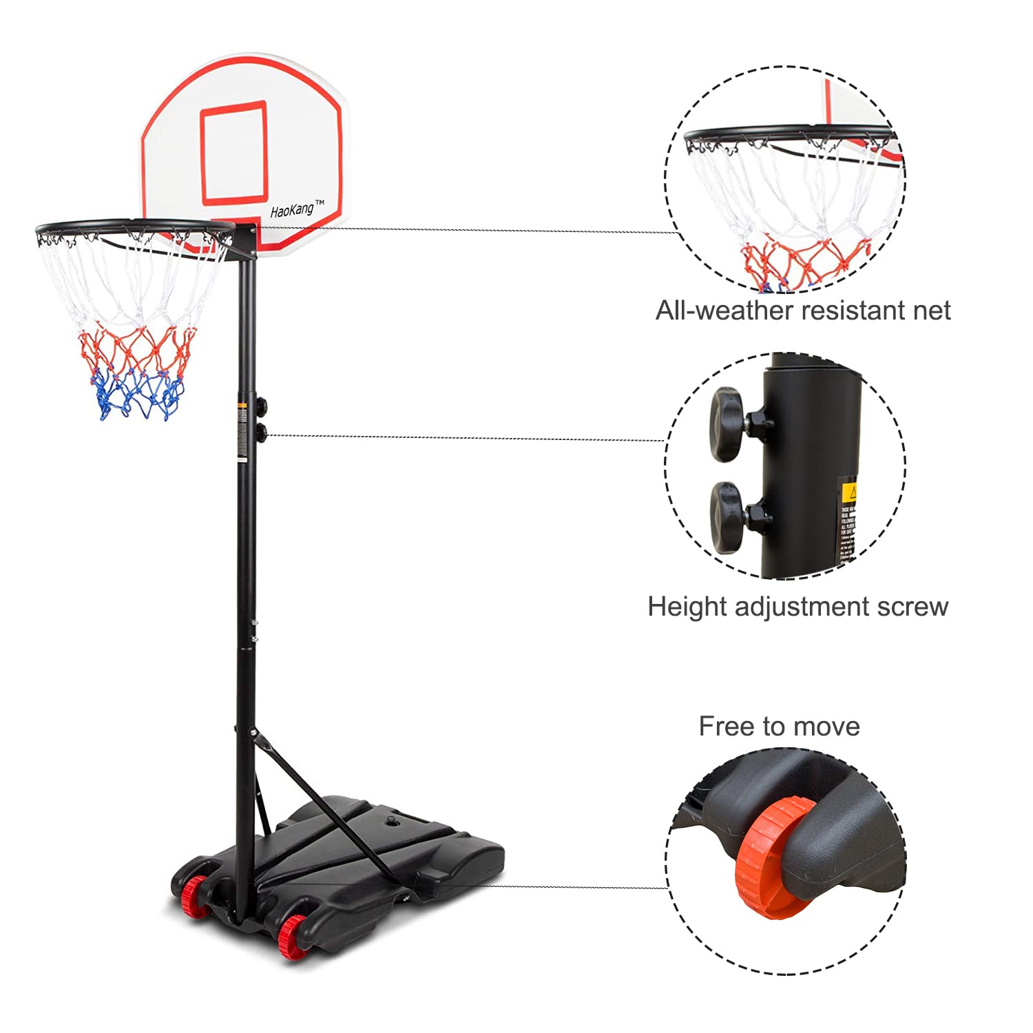 HaoKang Portable Basketball Hoop wtih Adjustable Height 28" Backboard Free Standing System w/Wheels for Kids Teenager