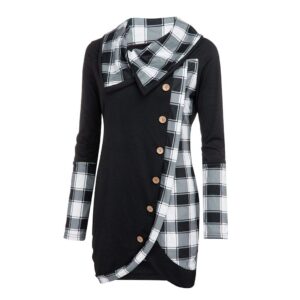 women's button hoodie sweatshirt tunic dress pullover cowl neck plaid drawstring tops(s-5xl)