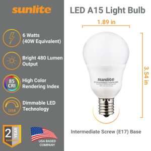 Sunlite 41409-SU LED A15 Light Bulb, 6 Watts (40W Equivalent), Intermediate Base (E17), 480 Lumens, Dimmable, Frosted Finish, ETL Listed, 6 Count, 3000K Warm White