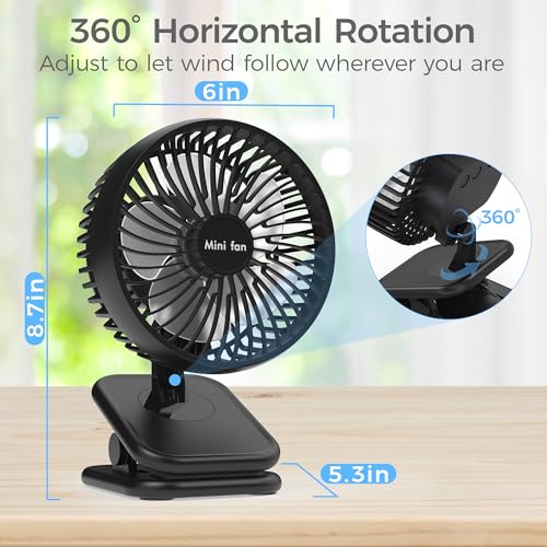 6'' Clip On Fan,10000mAh Battery Operated Desk Fan,360° Rotation Stroller Fan,Max 53H Working Time Rechargeable USB Fan,4 Speeds Personal Fan with Sturdy Clamp for Golf Cart Office Outdoor Treadmill