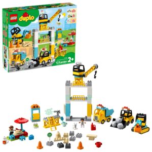 lego duplo construction tower crane & construction 10933 creative building playset with toy vehicles; build fine motor, social and emotional skills; gift for toddlers (123 pieces)