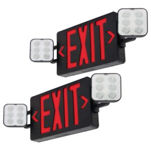 lfi lights | ul certified | hard wired | led exit light combo | 180° adjustable head lamps | black housing | red lettering | 2 pack | combolgrbbbx2