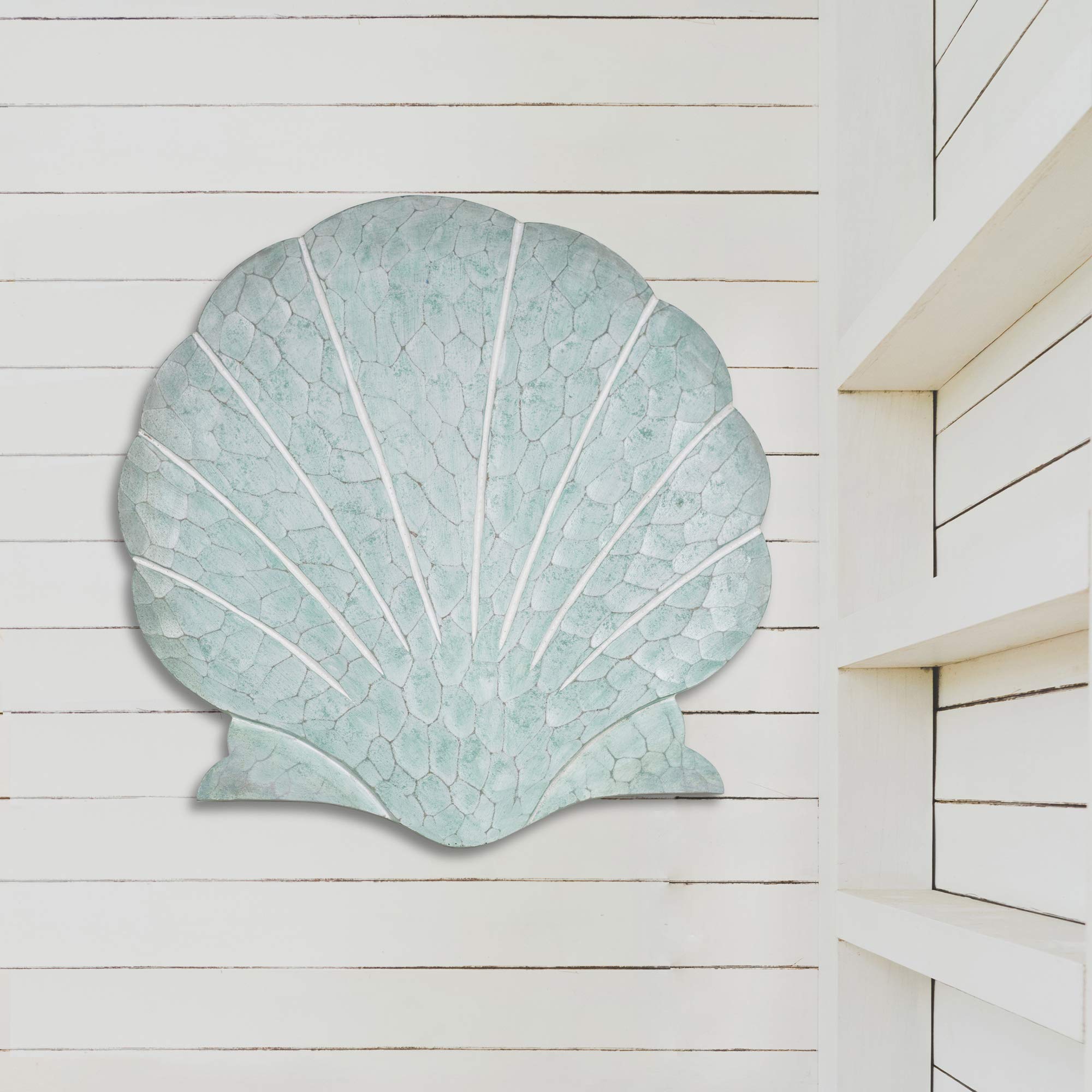 T.I. Design Hand-Carved Coastal Seafoam Scallop Shell Beach Wall Decor