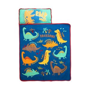 baby boom funhouse dinosaurs kids nap mat set – includes pillow and fleece blanket – great for boys napping during daycare or preschool - fits toddlers, blue