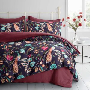 eikei oriental garden majestic peacock bird floral duvet cover chinoiserie chic asian style blooming trees vines and branches long staple cotton 3pc bedding set (vibrant jewel, king)