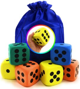 deluxe giant 3.15" eva foam dice (pack of 6) with bonus matty's toy stop storage bag