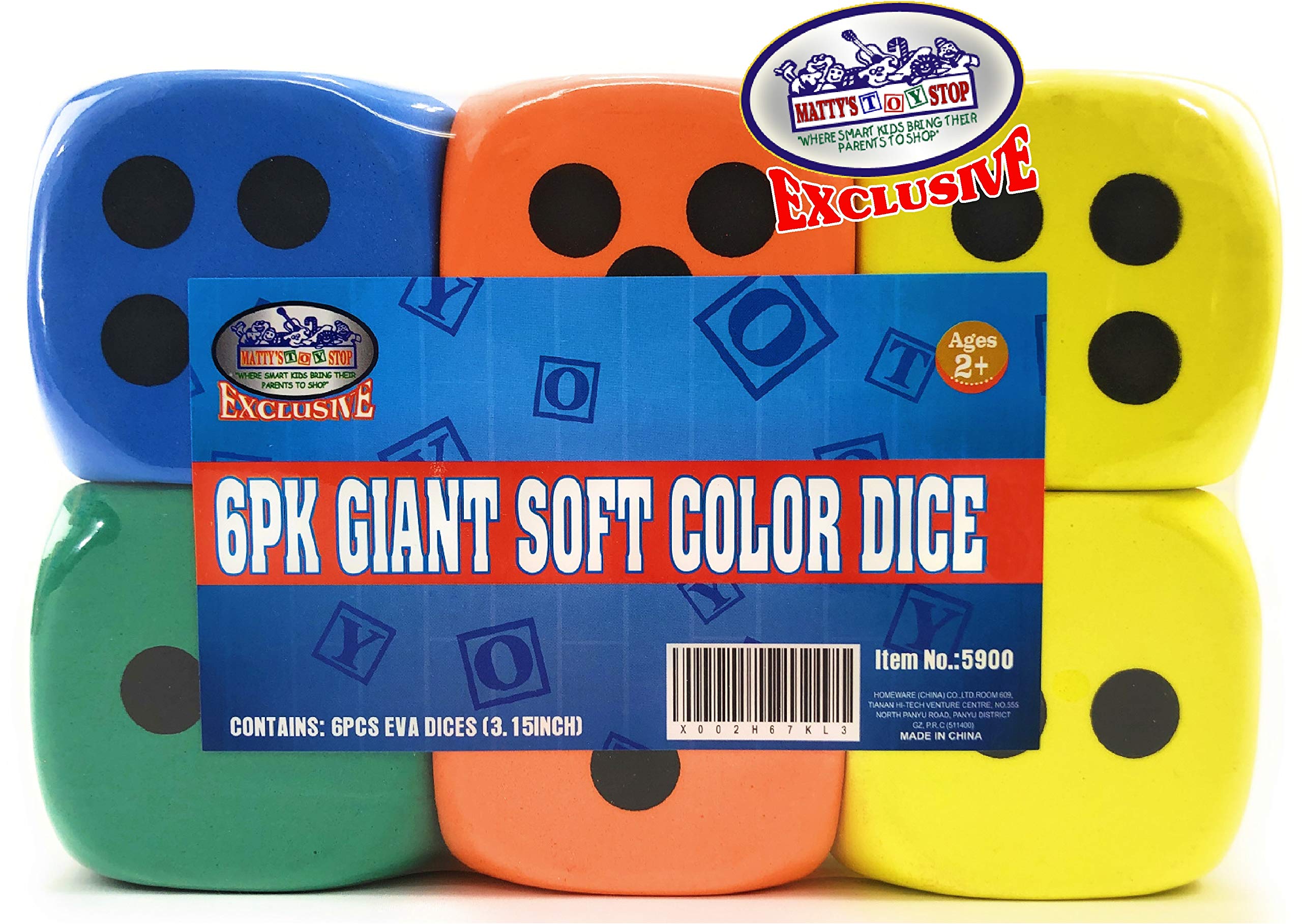 Deluxe Giant 3.15" EVA Foam Dice (Pack of 6) with Bonus Matty's Toy Stop Storage Bag