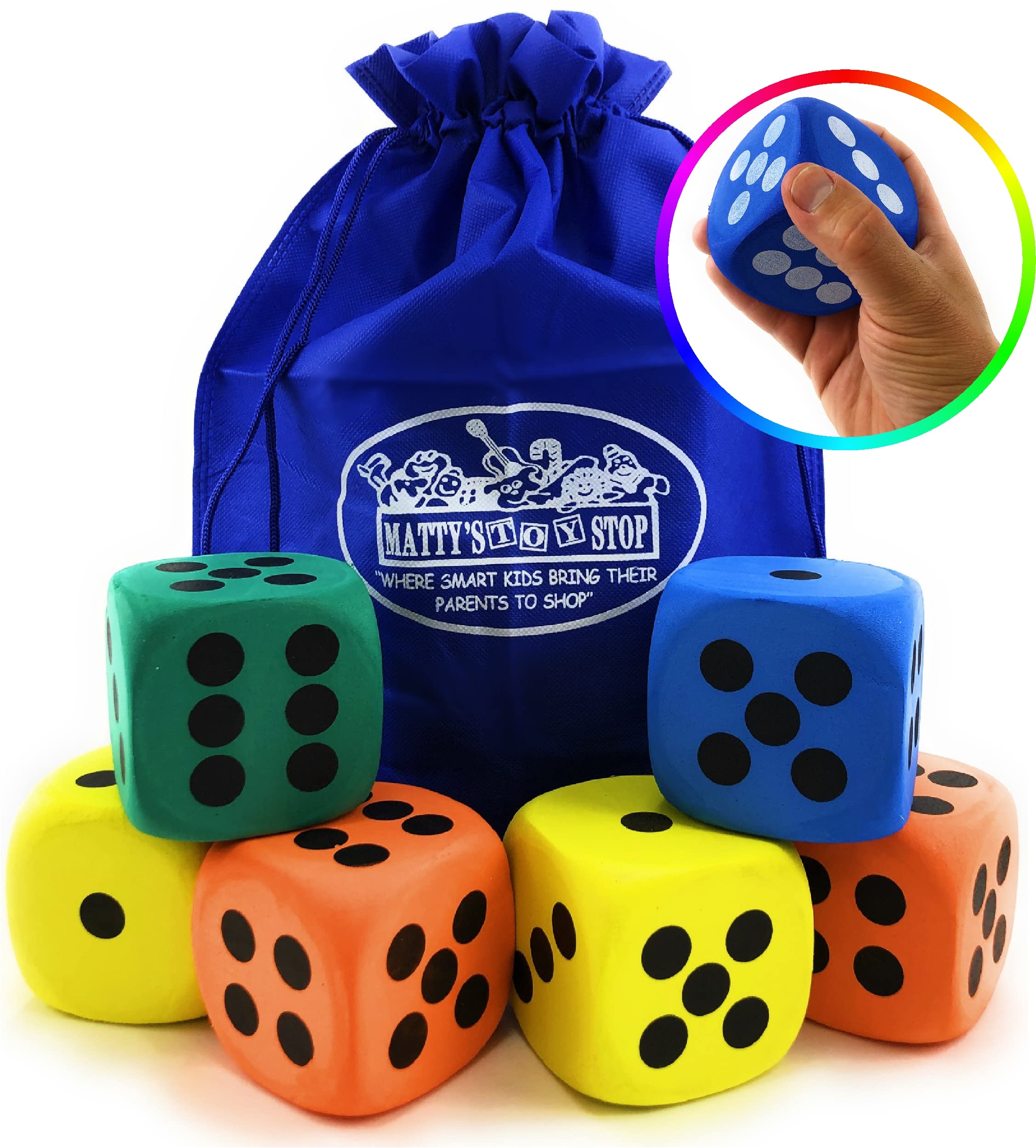 Deluxe Giant 3.15" EVA Foam Dice (Pack of 6) with Bonus Matty's Toy Stop Storage Bag