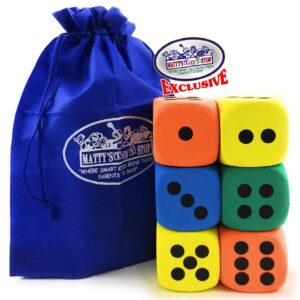 Deluxe Giant 3.15" EVA Foam Dice (Pack of 6) with Bonus Matty's Toy Stop Storage Bag