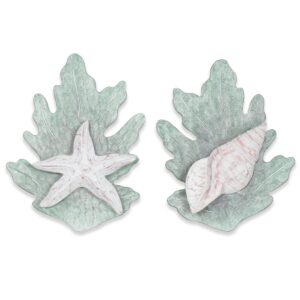 t.i. design hand-carved wood starfish and turban shell on reef | coastal seashells beach wall decor set of 2