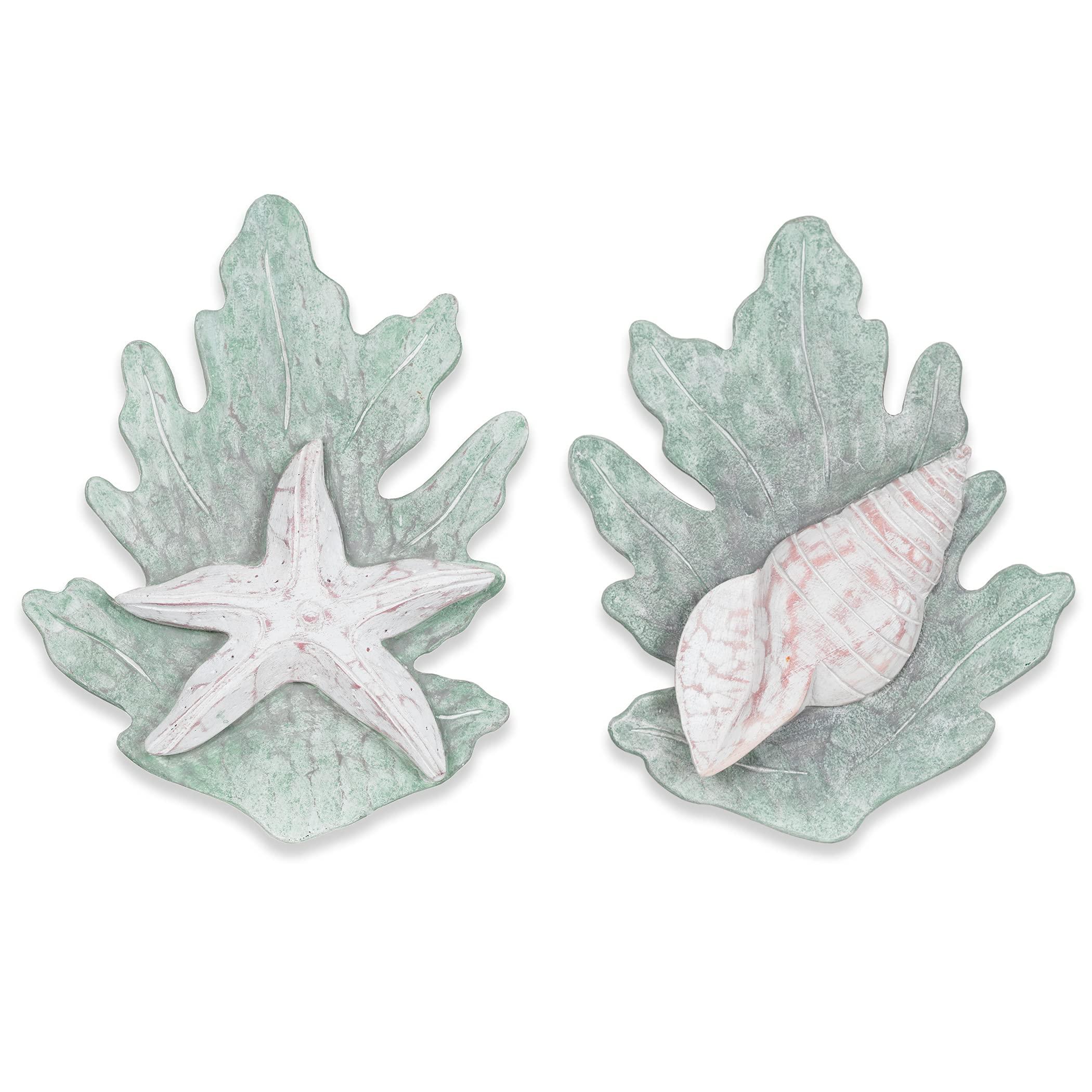 T.I. Design Hand-Carved Wood Starfish and Turban Shell on Reef | Coastal Seashells Beach Wall Decor Set of 2