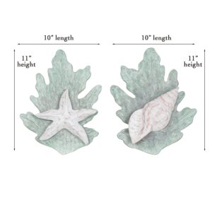 T.I. Design Hand-Carved Wood Starfish and Turban Shell on Reef | Coastal Seashells Beach Wall Decor Set of 2