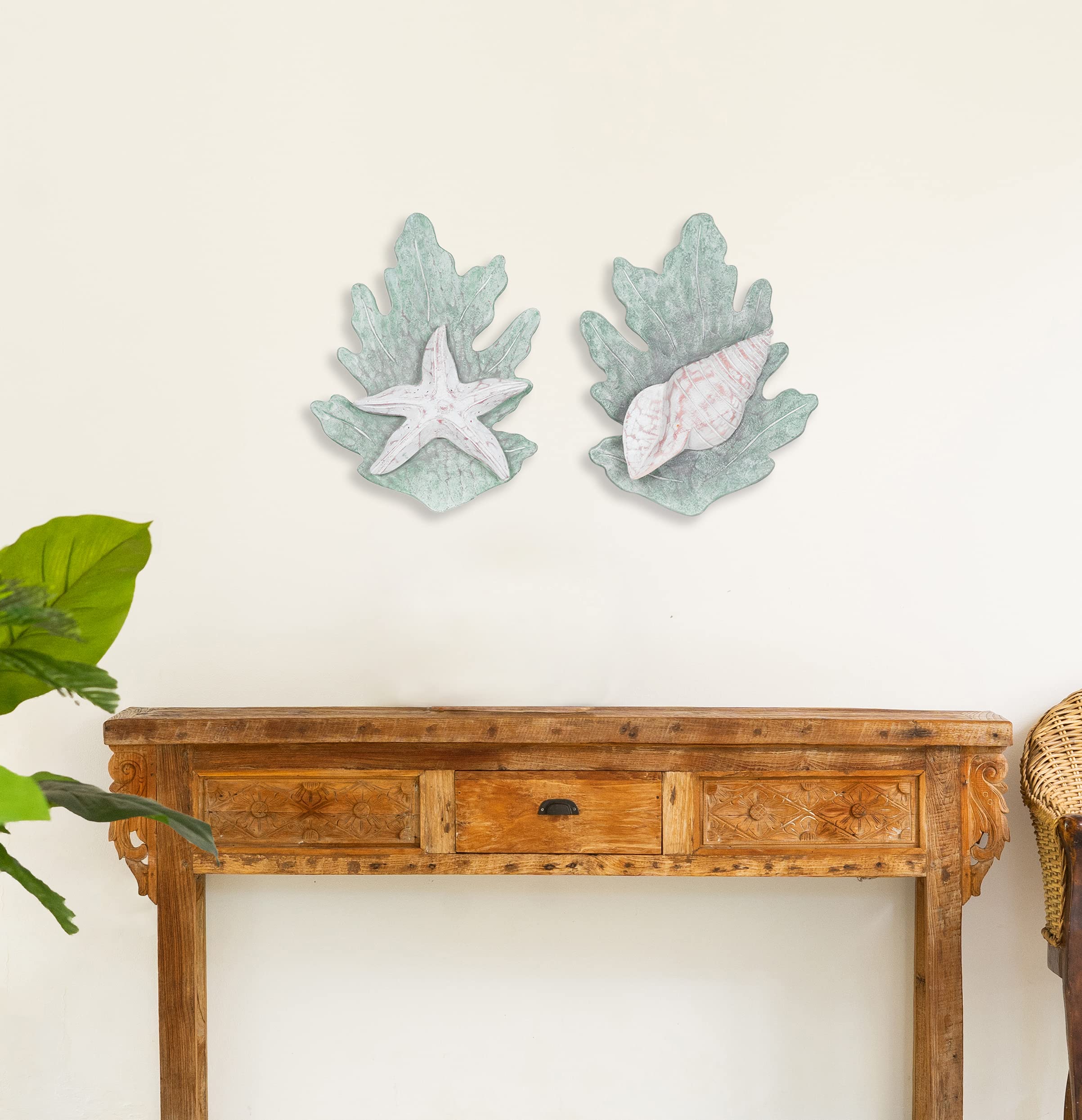 T.I. Design Hand-Carved Wood Starfish and Turban Shell on Reef | Coastal Seashells Beach Wall Decor Set of 2