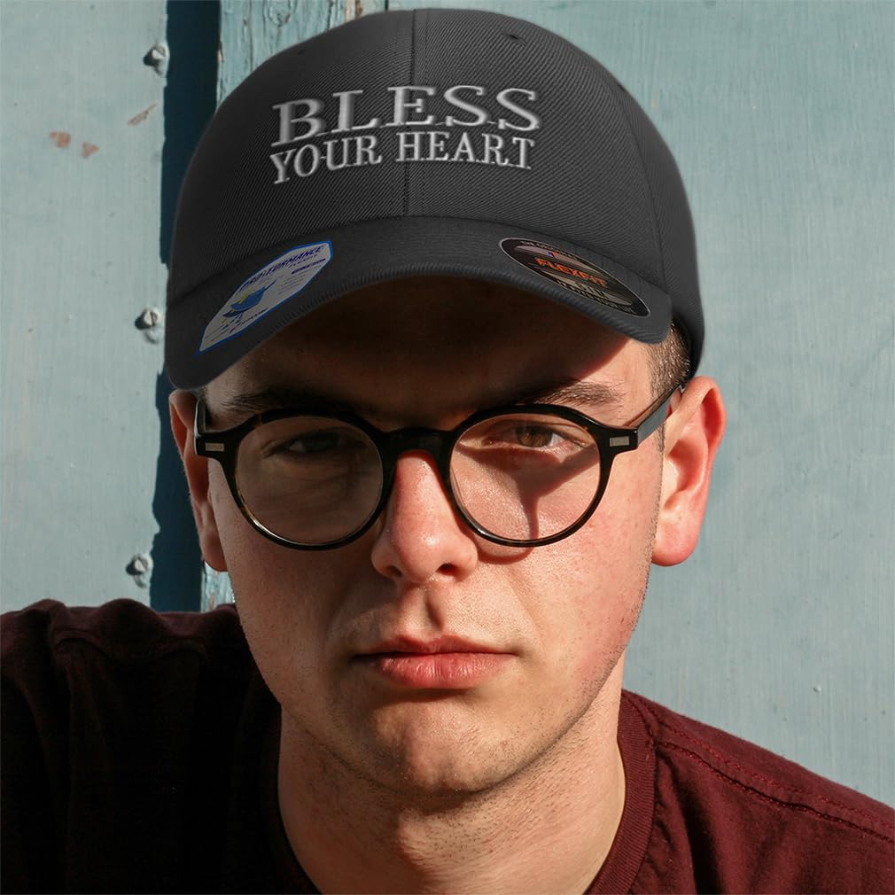 Custom Flexfit Hats for Men & Women Bless Your Heart A Embroidery Faith and Religion Polyester Dad Hat Baseball Cap Small Medium Dark Navy Design Only