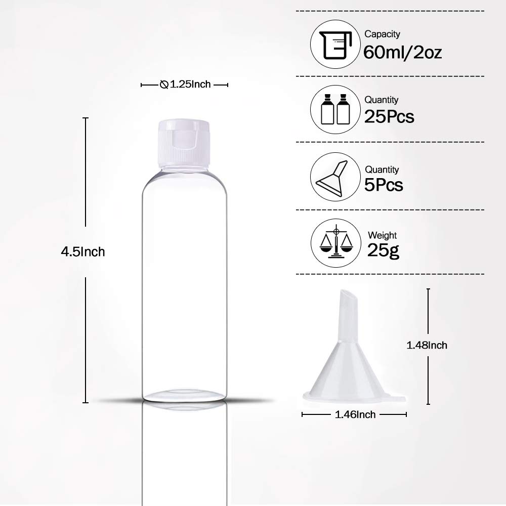 YsesoAi 25Pcs 2 oz Clear Plastic Empty Bottles Travel Containers with Flip Cap for Toiletries Liquids Shampoo Lotion Conditioner (White Cap)