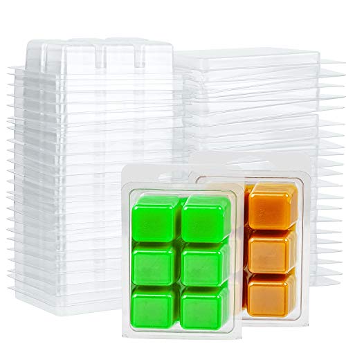 Perkisboby 50 Packs Wax Melt Clamshells Molds Square, 6 Cavity Clear Plastic Cube Tray for Candle-Making & Soap