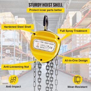 BestEquip Chain Hoist 4400lbs/2ton Chain Block Hoist Manual Chain Hoist 3m/10ft Block Chain Hand Chain Lifting Hoist w/Two Hooks Chain Pulley Tackle Hoist Winch Lifting Pulling Equipment Yellow