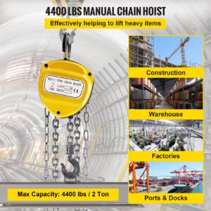 BestEquip Chain Hoist 4400lbs/2ton Chain Block Hoist Manual Chain Hoist 3m/10ft Block Chain Hand Chain Lifting Hoist w/Two Hooks Chain Pulley Tackle Hoist Winch Lifting Pulling Equipment Yellow